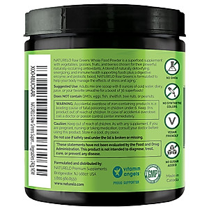 NATURELO Raw Greens Superfood Powder - Unsweetened - Boost Energy, Detox, Enhance Health - Organic Spirulina - Wheat Grass - Whole Food Nutrition from Fruits & Vegetables - 240 Grams