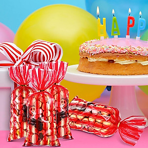 100 Pieces Plastic Circus Carnival Party Treat Bags Red and White Stripe Printed Clear Cellophane Carnival Party Cookie Candy Goody Treat Bags with 100 Gold Twist Ties for Circus Carnival Party Favor