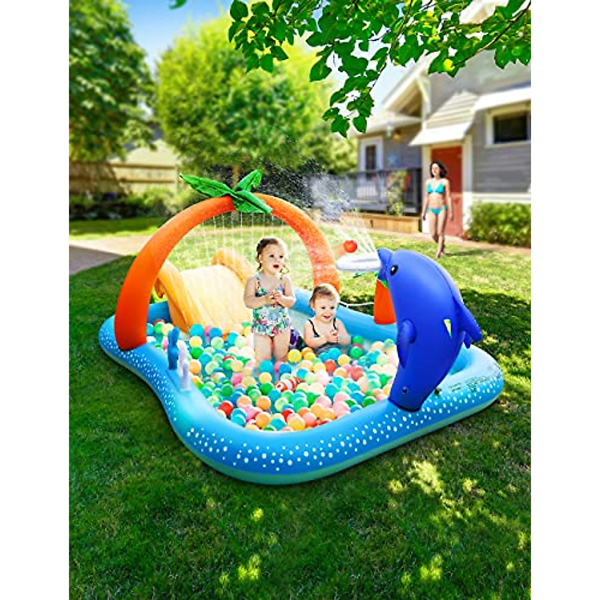 Inflatable Play Center, Kiddie Pool for Kids, Toddler Pool Seaside Water Lounge with Slide, Coconut Palm Sprinkler, Ball Toss Game, Ring Toss Game for Kids Children Ages 3+, 95'' x 75'' x 40''