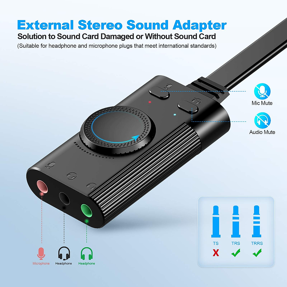 TechRise USB Sound Card, External Sound Card with Volume Control, USB to 3.5mm Jack Audio Adapter for Windows, Mac, PC, Laptop, Desktop, Headset, Switch and More, Plug & Play No Drivers Needed