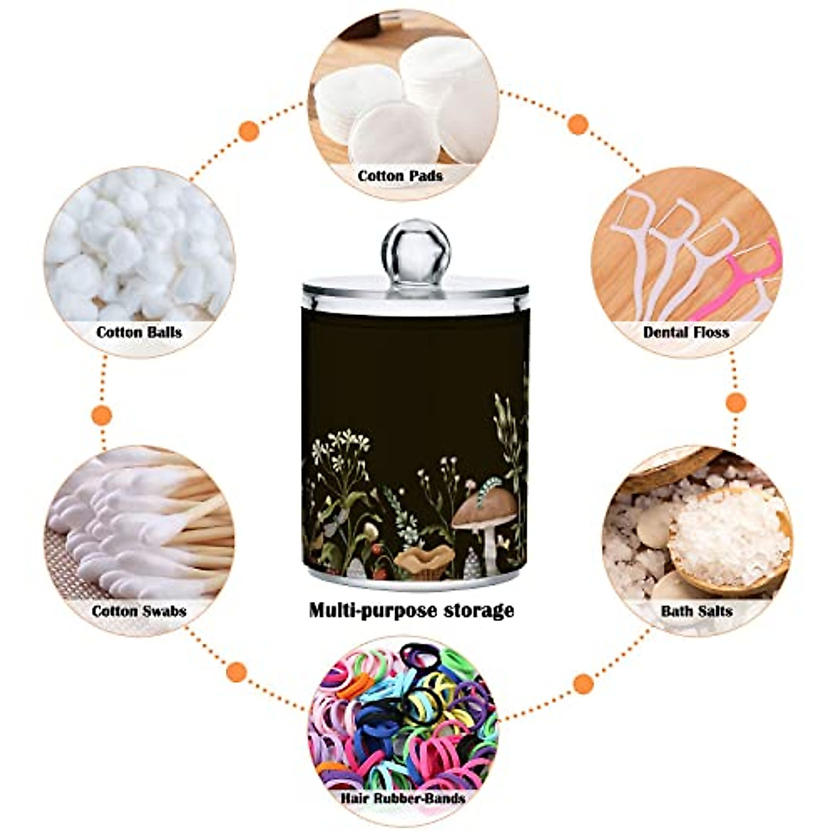 Mushrooms Berries Clear Plastic Storage Jars with Lids, Bathroom Vanity Storage Organizer Holder Canister for Cotton Swabs,Makeup Sponges, Flossers,Bath Salts,4 Pack