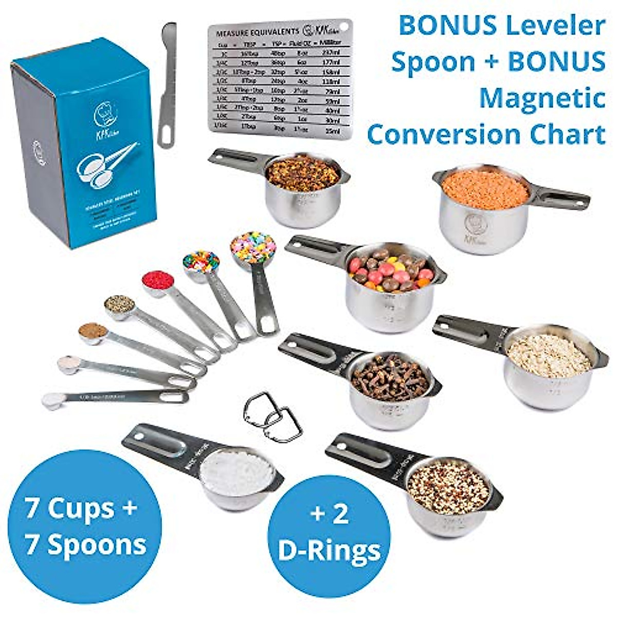 Stainless Steel Measuring Cups and Spoons Set of 16-7 Cup & 7 Spoon + Conversion Chart & Leveler - Kitchen Measuring Spoons and Cups - Dry Measure Cups Stainless Steel & Baking Metal Measuring Cups
