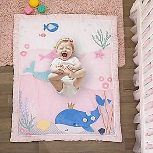 NoJo Under The Sea Whimsy Pink and Blue Whales and Narwhals 4 Piece Crib Bedding Set - Comforter, Fitted Crib Sheet, Dust Ruffle and Storage Bin