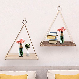TOPINCN Wood Wall Floating Shelf Hanging Swing Rope Shelves Garden Flower Pot Rack Wall Display Shelves Home Organizer Decor Shelves (Burlywood)
