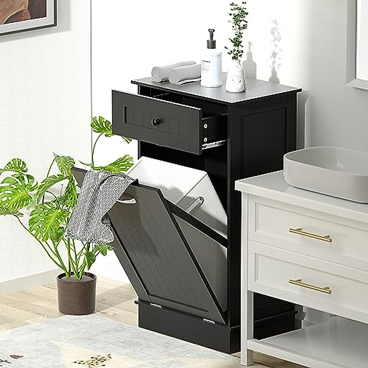 Visionwards Tilt Out Trash Cabinet Bin, Wooden, Dog Proof Garbage Can Holder, Kitchen Island with Laundry Hamper, Black