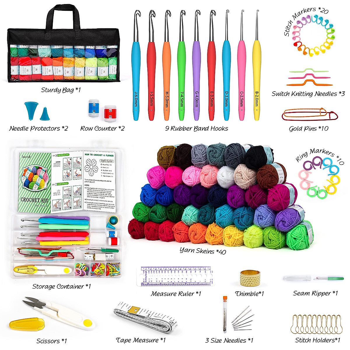 113 Piece Crochet Kit with Yarn Set–1600 Yards Assorted Yarn for Knitting and Crochet, 73PCS Crochet Accessories Set Including Ergonomic Hooks, Knitting Needles & More Ideal Beginner Kit