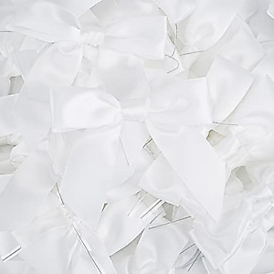 AIMUDI White Satin Ribbon Twist Tie Bows 3.5" Pretied Bows Premade Craft Bows for Treat Bags Cake Pop Gift Wrapping Basket Wedding Favors Cookie Candy Bagging Baby Shower - 50 Counts