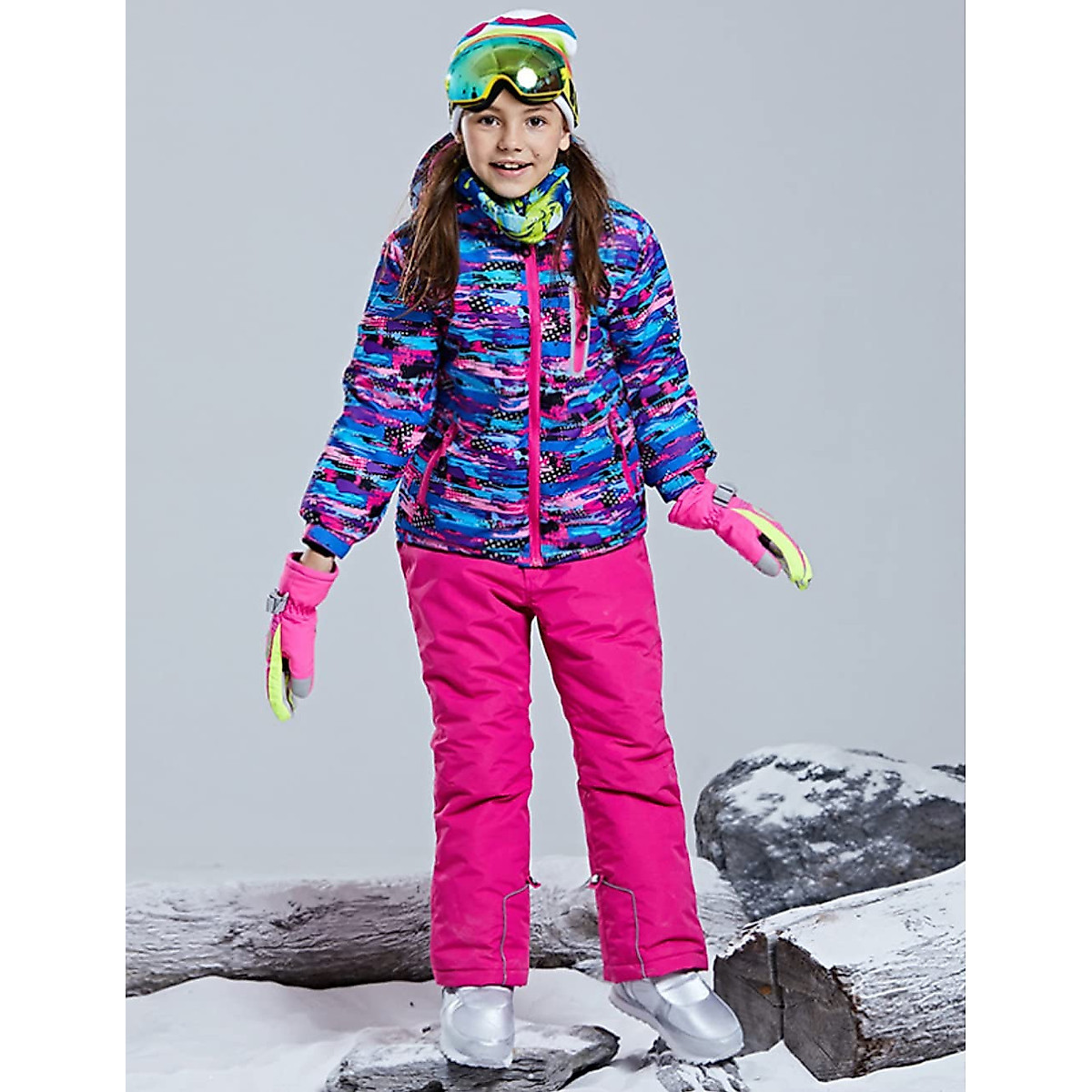 WOWULOVELY Girls Thicken Warm Snowsuit Hooded Ski Jacket Pants 2 Pcs Set Skiing Jacket with Pants(23 Rose1,Size 8)