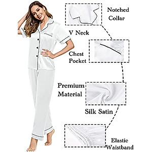 SWOMOG Women Satin Pjs Short Sleeve Silk Two-Piece- Sleepwear Classic Button-Down Casual Loose Pajama Set for Women White