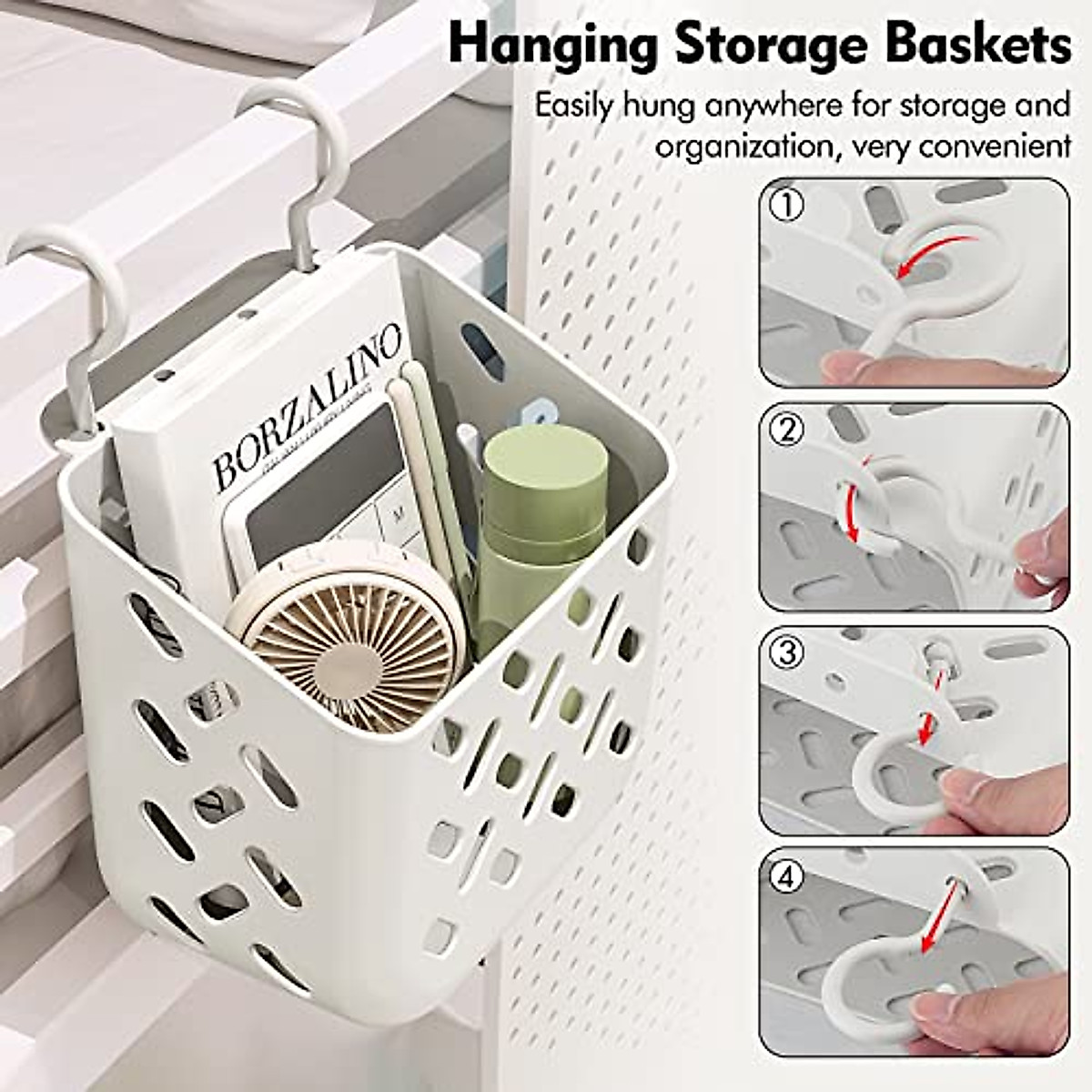 Lunmore Plastic Hanging Shower Caddy Basket, Bathroom Organizing Basket with Hook, Bedside Organizer for Bathroom, Kitchen, Dorm Room (2 Pcs, White-Gray)