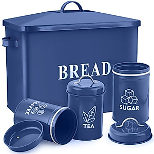 E-far Navy Blue Bread Box with Canister Sets for Kitchen Countertop, Metal Storage Container Holder for Farmhouse Decor, Vintage Style & Extra Large - Holds 2+ Loaves Sugar Coffee Tea