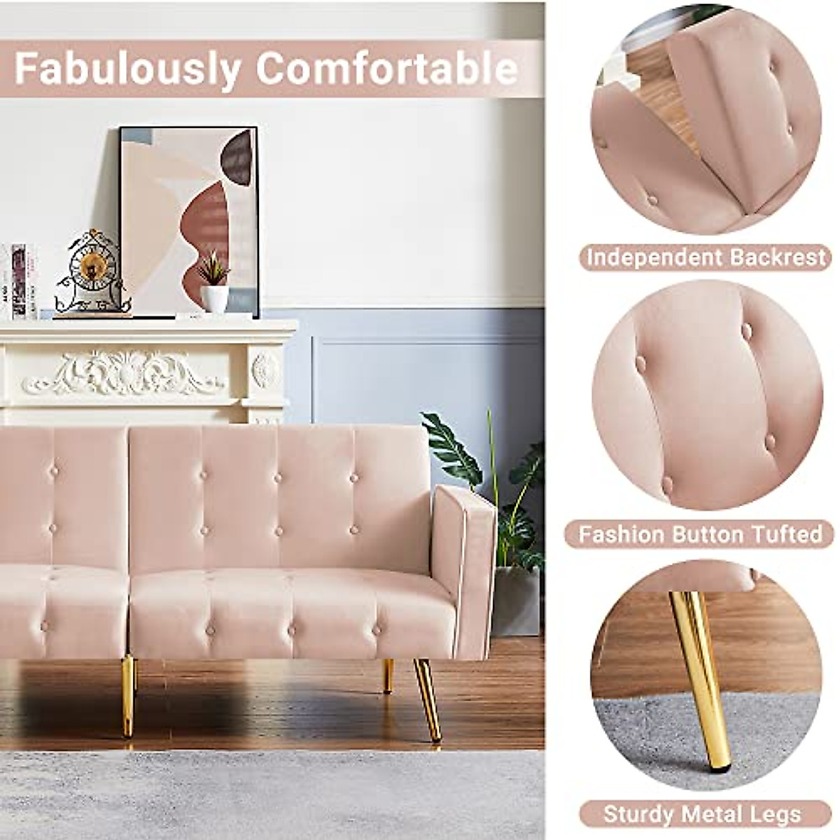 Antetek 76-inch Velvet Futon Sofa Bed Convertible Sleeper Sofa Couch, Upgrade Button Tufted Oversized Loveseat Sofa with 3 Adjustable Positions and 6 Metal Legs for Living Room Bedroom Office, Pink