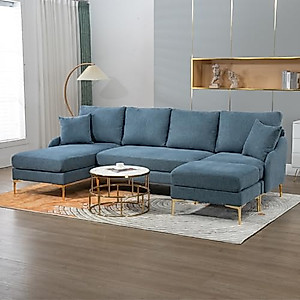 Modern 110'' W U-Shape Sectional Sofa, 4-Seat Sofa Couch with Chaise Lounge and Ottoman, Reversible Left or Right Chaise, Modular Sofa with Golden Metal Legs for Living Room Apartment Office,Blue