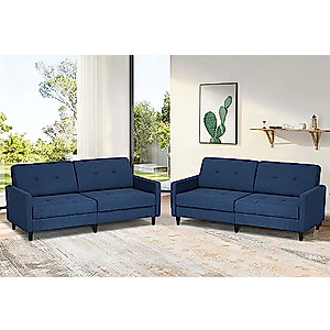 Lesofair 77” Linen Fabric Sofa Bed with Adjustable Backrests, Convertible Loveseat Sofa, Modern Sleeper Couch with Wooden Legs for Living Room, Bedroom, Blue