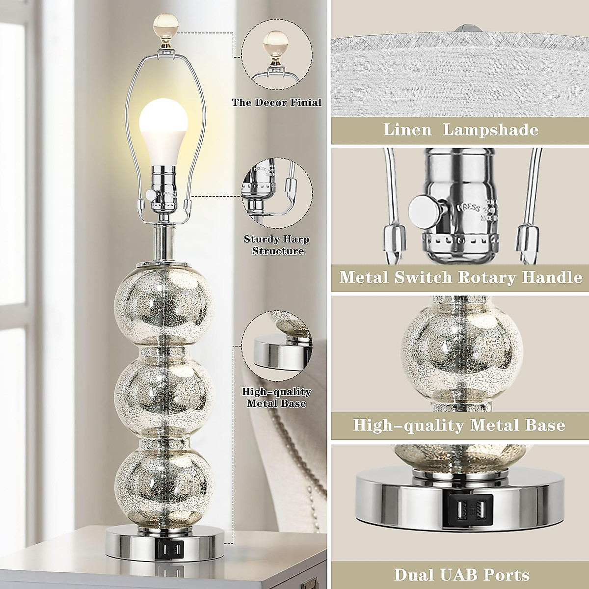 Set of 2 Table Lamps for Living Room Glass Triple-Sphere 27" Tall Table Lamp Contemporary Bedside Desk Nightstand Lamp for Bedroom Living Room Office, Mercury Silver/Chrome