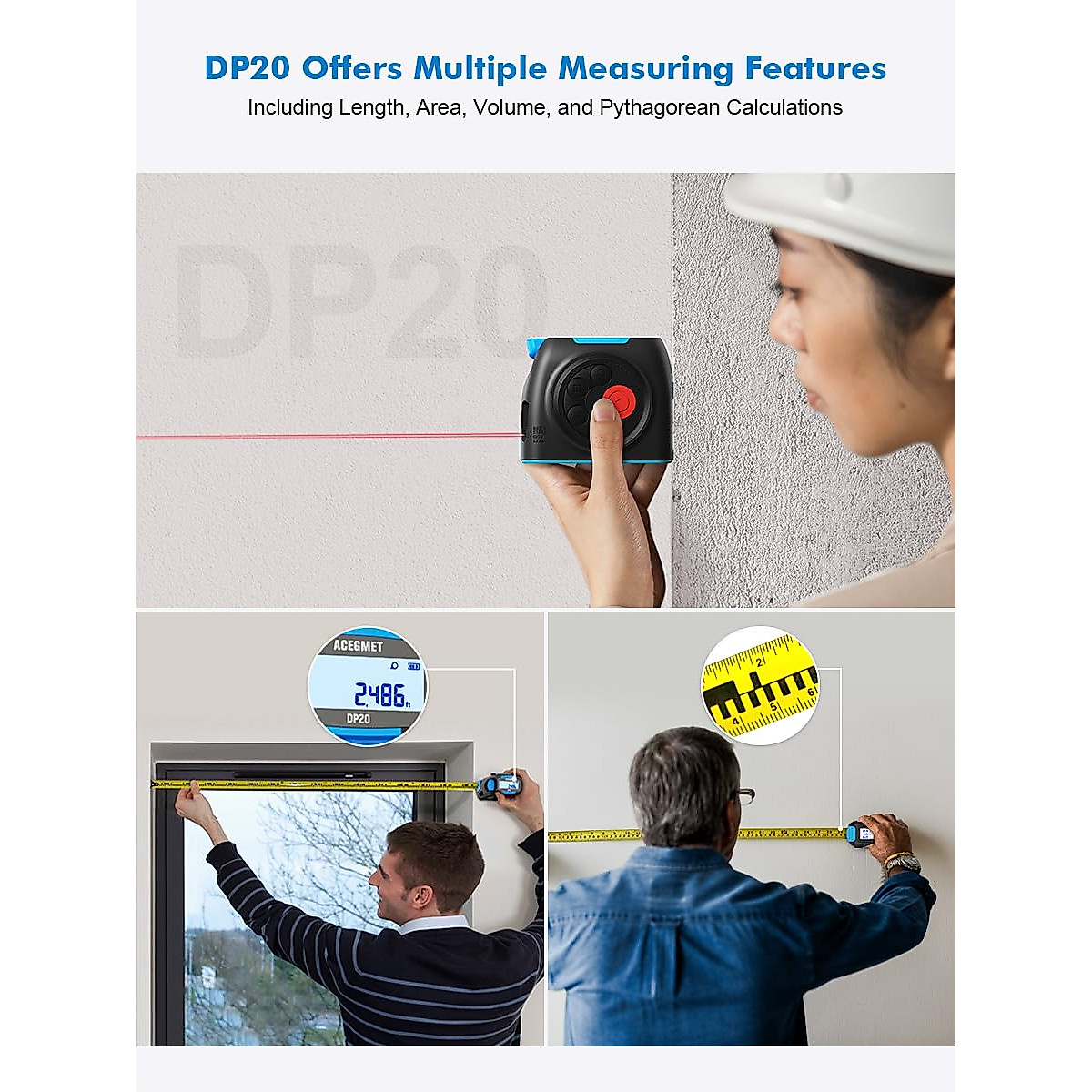 3-in-1 Digital Laser Tape Measure, ACEGMET 131Ft Laser Measurement Tool & 16Ft Measuring Tape with Digital Screen, Ft/Ft+in/in/M Unit Switching and Pythagorean Mode, Measure Distance, Area and Volume