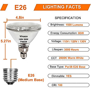 Vinaco PAR38 Flood Llight Bulbs, 4 Pack High Output PAR38 Halogen Flood Light 80W 120V, PAR38 Halogen Dimmable, CRI100 PAR38 Warm White 2800K, Halogen PAR38 Bulb with E26 Base for Indoor/Outdoor