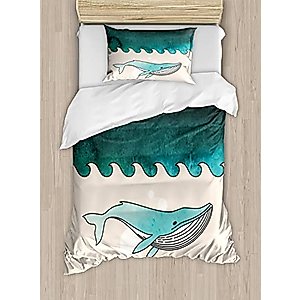 Ambesonne Whale Duvet Cover Sets, Fish Swimming in The Ocean Pattern Underwater Submarine Illustration, Bedding Set with 2 Duvet Covers 4 Pillowcases, 2 Pack Cal King Size, Petrol Blue Turquoise
