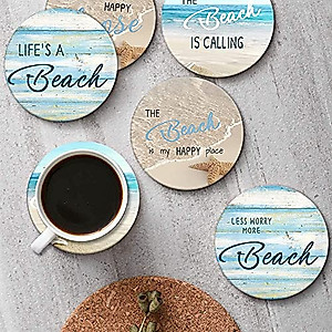 Coaster for Drinks Set of 6, Antique Teal Blue Wood Beach Absorbent Round Ceramic Stone Mat, with Cork Base and Metal Holder, Gift for Housewarming Room Bar Decor