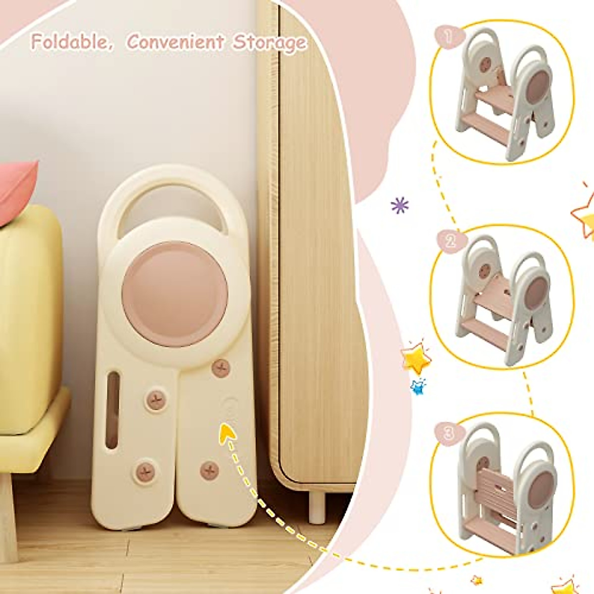 Benarita Step Stool for Toddler 3 Step Stool, Kids Foldable Step Stool for Bathroom Sink, Kitchen Counter Standing Tower, Step Ladder with Handles and Non-Slip Pads for Toilet Potty Training,Pink