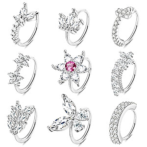 ORAZIO 9Pcs 20G Nose Rings Hoops For Women Surgical Steel Paved CZ Cartilage Earring Hoop Cute Butterfly Flower Nose Piercing Jewelry Silver Gold Black Rose Gold Nose Ring Hoop