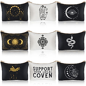 Tessco 9 Pieces Moon Witch Zipper Pouch Bag Tarot Cards Phase Bag Witch Purse Gothic Aesthetic Canvas Makeup Bags Witchy Crystals Toiletry Bags Witchcraft Snake Cosmetic Bags for Women Girls