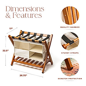 DomeNest Folding Luggage Rack for Guest Room with Laundry Bag - Heavy Duty Space Saving Baggage Suitcase Stand Storage Shelf Made from Natural Bamboo - Fully Assembled Foldable Hotel Bedroom Luggage Holder