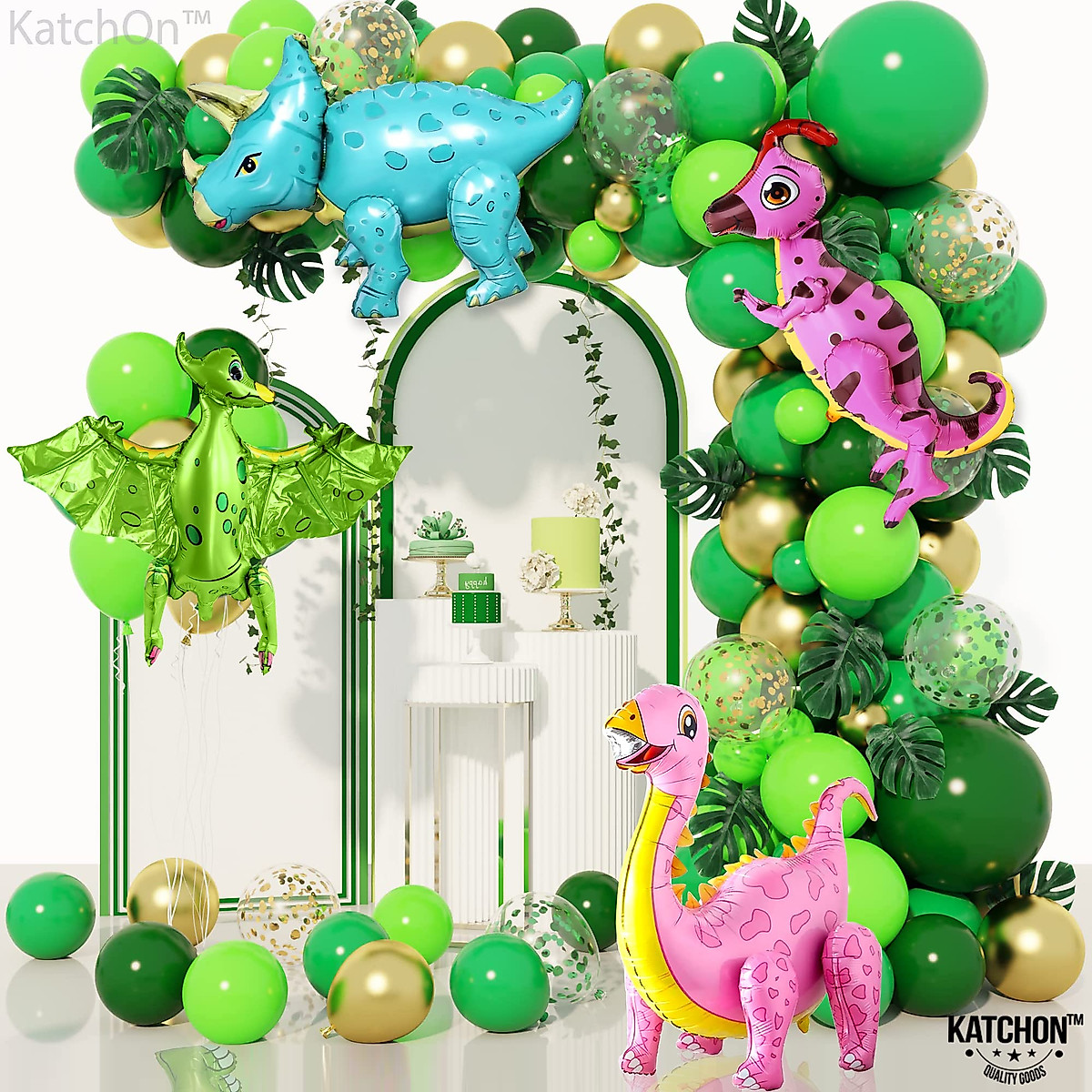 KatchOn, Large Pink Dinosaur Balloons for Birthday Party - Pack of 4 | Pastel Dino Balloons for Dinosaur Party Decorations | Dinosaur Birthday Party Supplies | Three Rex Birthday Decorations Girl