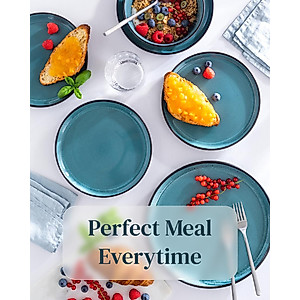 12 Piece Dinnerware Sets for 4 - Modern Style Stoneware Dinnerware Set - Scratch Resistant, Dishwasher Safe Plates and Bowls Sets Ceramic, Dish Set, Bowl and Plate Set - Black and Petrol Blue…