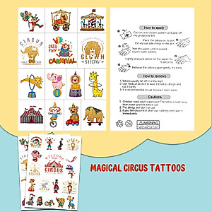 Partywind 32 Styles Circus Metallic Glitter Temporary Tattoos for Kids, Circus Theme Party Supplies Favors Decorations,Halloween Games Prize Goodie Bags (2 Sheets)