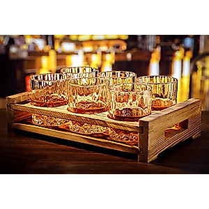 Mloxy Whiskey Glass Server Universal | Drink Carrier Six Glass Holder| Rustic Wood Bar Serving Tray | Server Tray for Home & Bars | 13.5x8x3” Bar Tray | Whiskey Serving Tray | Drink Caddy