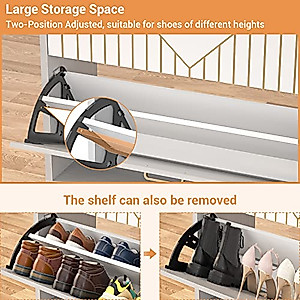 Aheaplus Shoe Cabinet with Flip Doors, Shoes Storage Organizer with Motion Sensor Led Light, Entryway Wood Freestanding Tipping Bucket Shoe Rack with Open Shelves for Closet,Living Room, Grey&White