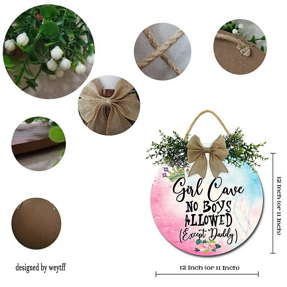 Girl Cave Sign, Girls Room Front Door Sign Baby Toddler Kids Bedroom Living Room Hanging Rustic Wood Farmhouse Nursery Toddler Room Decoration Girl Cave Round Door Hanging Sign 11"