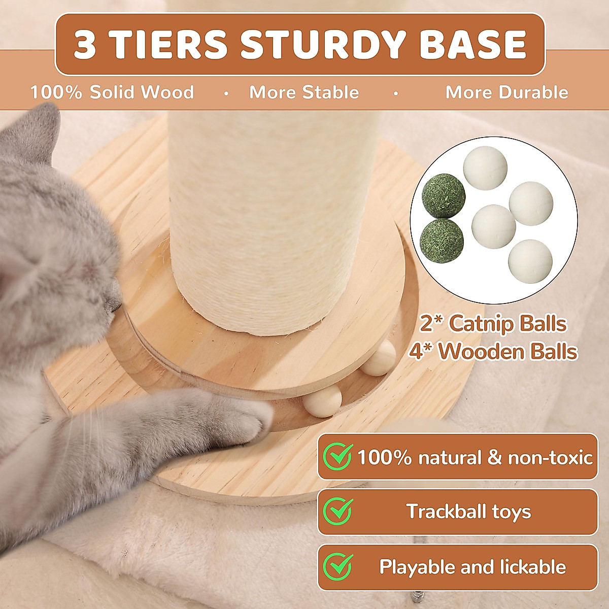 OTOB 33" Tall Cat Scratching Post, 4.3Inch Large Diameter Natural Sisal Rope Scratcher Post, 5-in-1 Interactive Turntable Cat Scratch Post with Soft Hanging Ball Toys for Indoor Large Cats