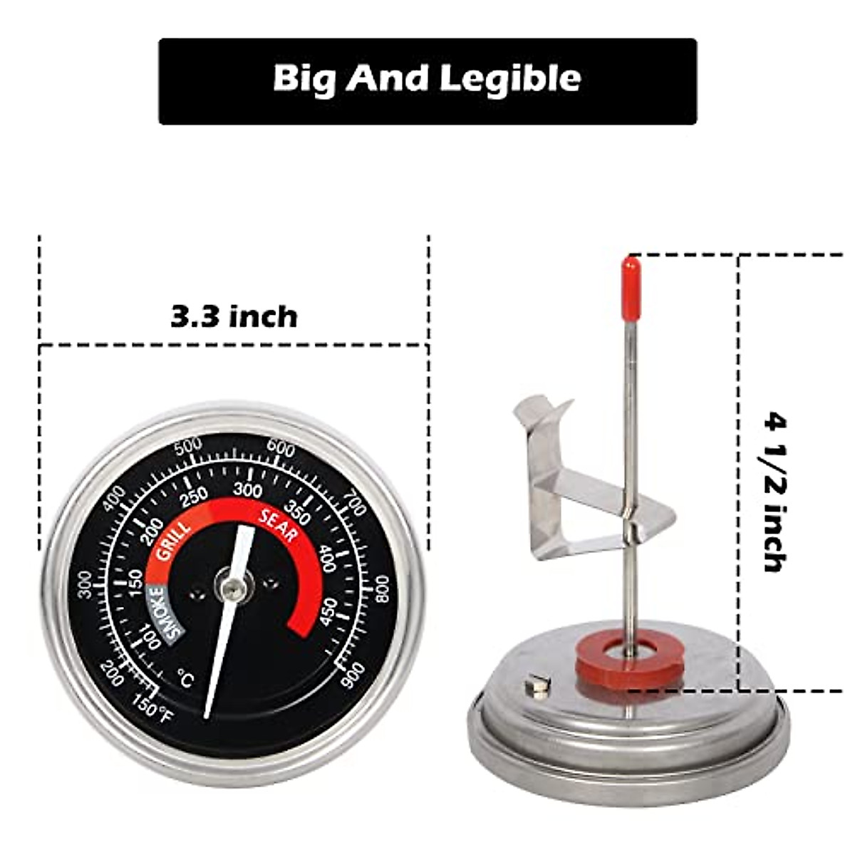 Grill Temperature Gauge Thermometer Replacement for Big Green Egg with 3.3" Large Face,Big Green Egg Accessories Thermometer Replacement 150-900°F with Waterproof and No-Fog Glass Lens