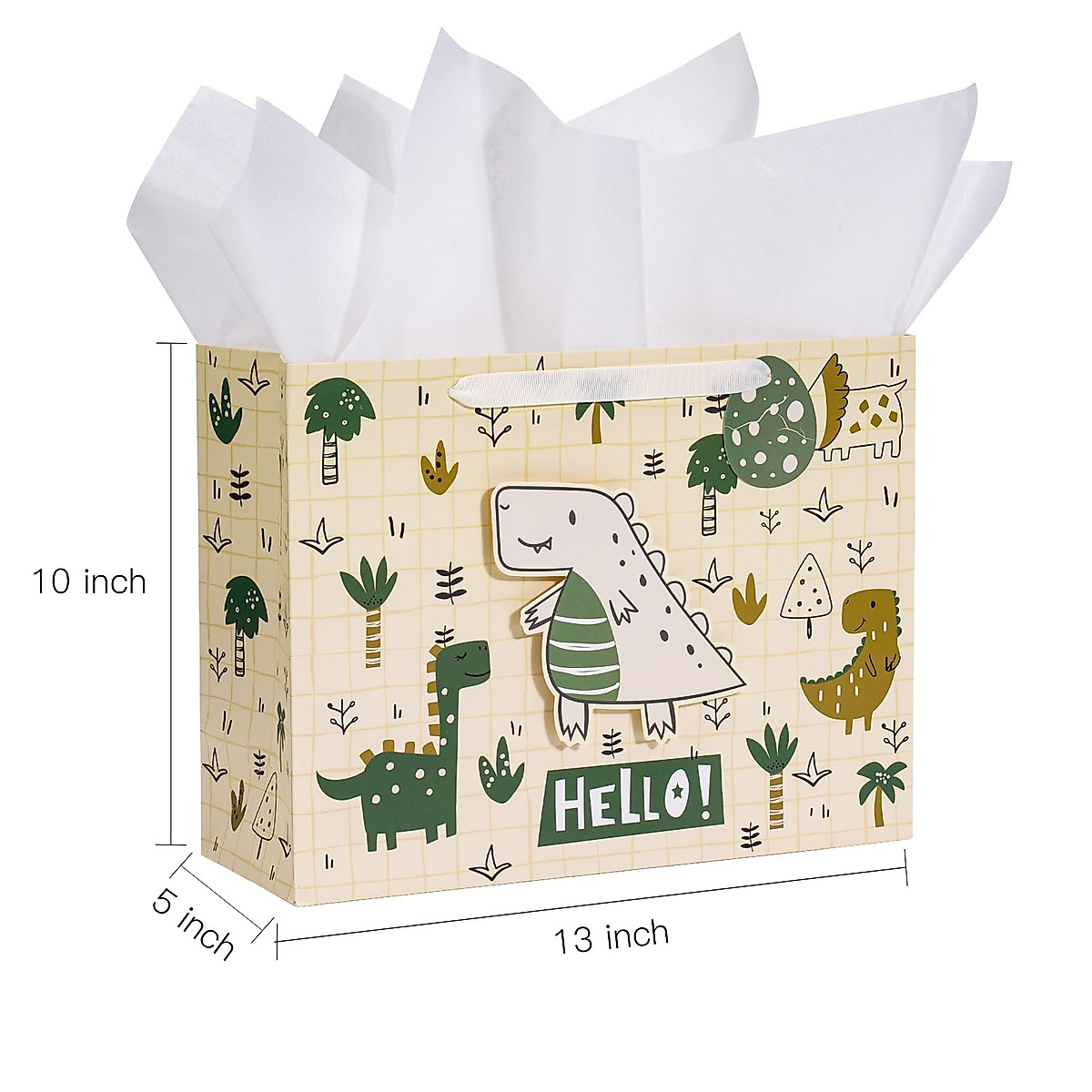 Loveinside Baby Gift Bag Dinosaur and Hedgehog Design with Tissue Paper and Greeting Card for Baby Shower, New Parents, and More - 13" x 5" x 10", 1 Pcs