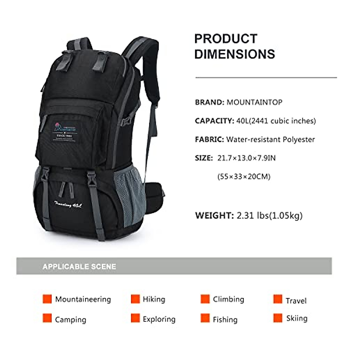 MOUNTAINTOP 40L Hiking Backpack with 3L Hydration Bladder for Women & Men Outdoor Travel Camping Day Pack with Rain Cover, 21.7 x 13 x 7.9 in,Black