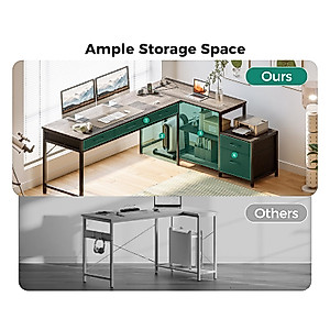 AODK L Shaped Computer Desk with Fabric Drawers and File Cabinet, 61" Reversible Home Office Workstation Desk with Power Outlets & Host Stand, Corner Gaming Table with Storage Shelves, Grey Oak