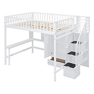 Harper & Bright Designs Full Loft Bed with Stairs and Wardrobe, Wooden Full Size Loft Bed with Desk Underneath, Loft Bed with Storage Staircase and Shelves for Girls Boys Teens,White