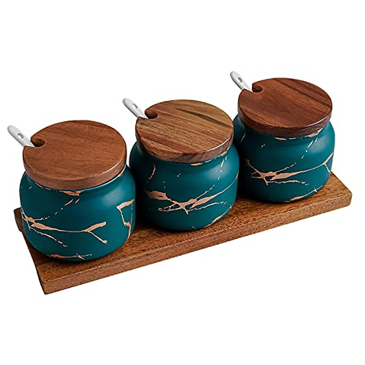 JFFLYIT 3 pcs round porcelain condiment jars set sugar bowl ceramic spice jars marble ceramic seasoning coffee and sugar canister set with bamboo wood lid wood tray and ceramic spoon（Green）