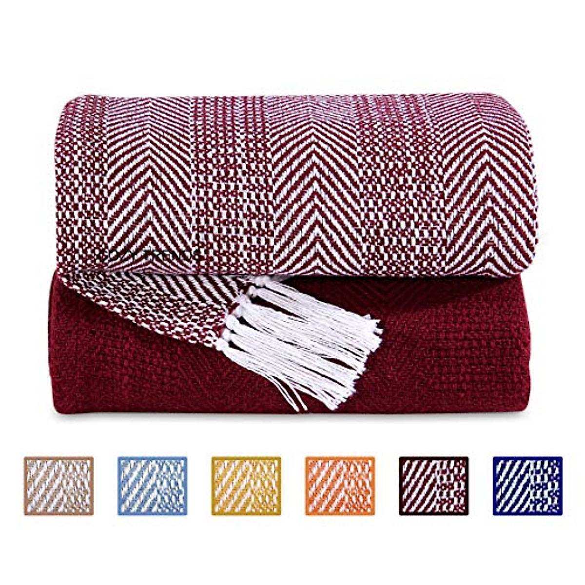 Cotton Hand Woven Soft Cozy Warm Throw Blankets Set of 2 50x60 Inches All Season Light Weight Couch Chair Bed Decorative Herringbone Weave (Burgundy)