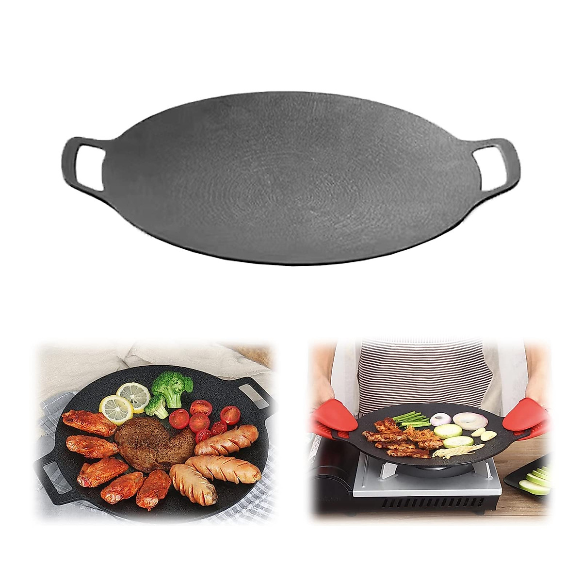 Korean Non-stick Round Baking Pan, 8 in 1 Korean BBQ Grill Pan,Non-stick Granite Coating,Round Griddle Pan, for Both Home and Outdoor stoves Grilling, Frying, Sauteing (12 inches)