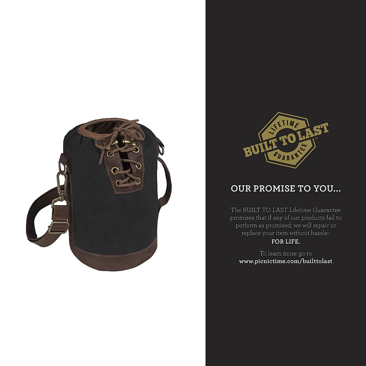 LEGACY - a Picnic Time brand Canvas Lace-up Insulated Growler Tote, Black with Brown Accents