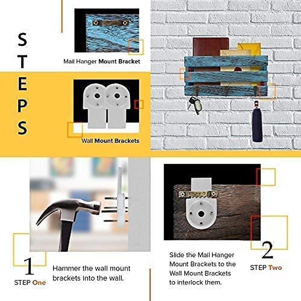 Rustic Mail Holder Wall Mount ~ Key and Mail Organizer for Wall Decorative with 3 Key Hooks ~ Key Hanger for Wall, Entryway, Bathroom, Living Room, Kitchen (Brown)