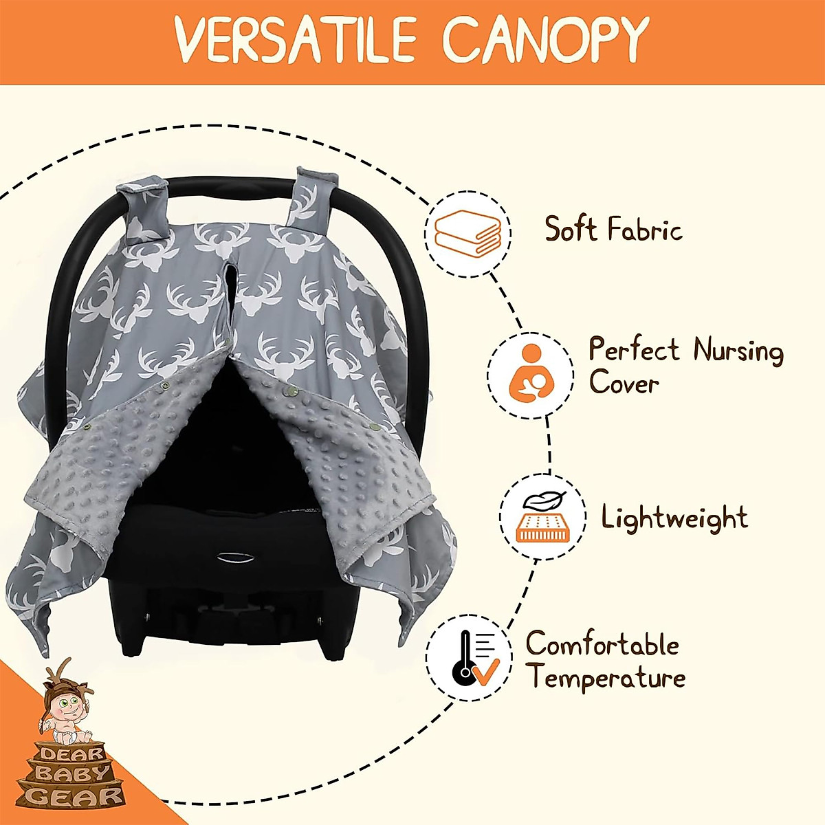Dear Baby Gear - Baby Car Seat Canopy - Toddler Carrier Cover - Infant Car Seat Cover - Carseat Covers with Snap Opening - Carseat Canopies for Boys & Girls - 40x30 (Antlers on Gray, Gray Dot)