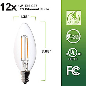 Bioluz LED 40W Filament Candelabra Bulb, E12 Base High Efficiency LED Candle Bulbs, UL Listed, Pack of 12
