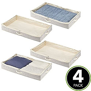 mDesign Soft Fabric Under Bed Storage Organizer Holder Bag for Clothing, Accessories, Linen - Easy-View Top Panel, Attached 2-Way Zippered Lid, Side Handles - 4 Pack - Natural/Cobalt Blue