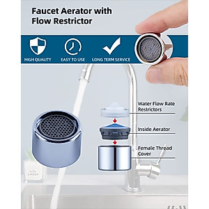 3 Pcs Faucet Aerator, Female Thread Kitchen Faucet Aerator Kitchen Sink Aerators, 1.2, 1.5, 1.8, 2.5 GPM Flow Restrictor Replacement Parts Bathroom, 55/64-Inch 22mm Female Thread-Chrome