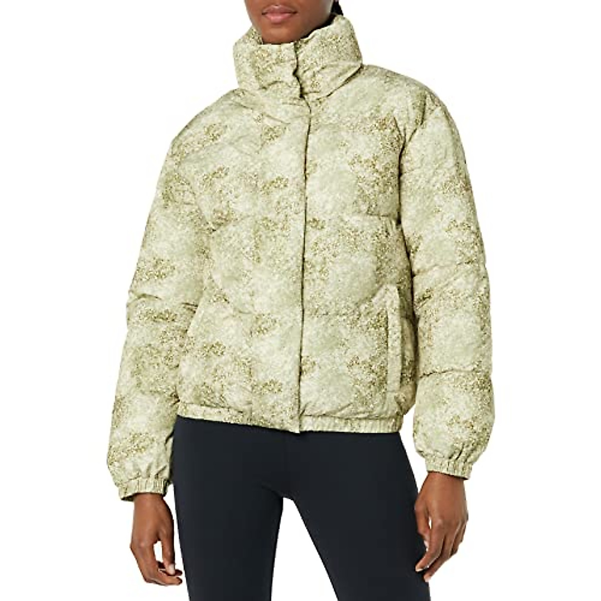 Amazon Essentials Women's Relaxed-Fit Mock-Neck Short Puffer Jacket (Available in Plus Size) (Previously Daily Ritual), Olive Speckled Print, Large