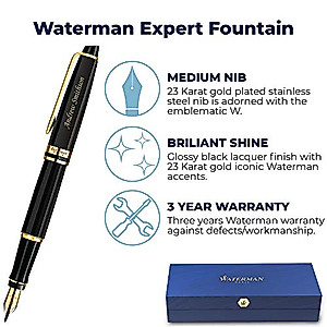 Personalized Waterman Fountain Pen | Engraved Waterman Expert Fountain Pen Black with Gold Trim. Custom Engraved By Dayspring Pens.